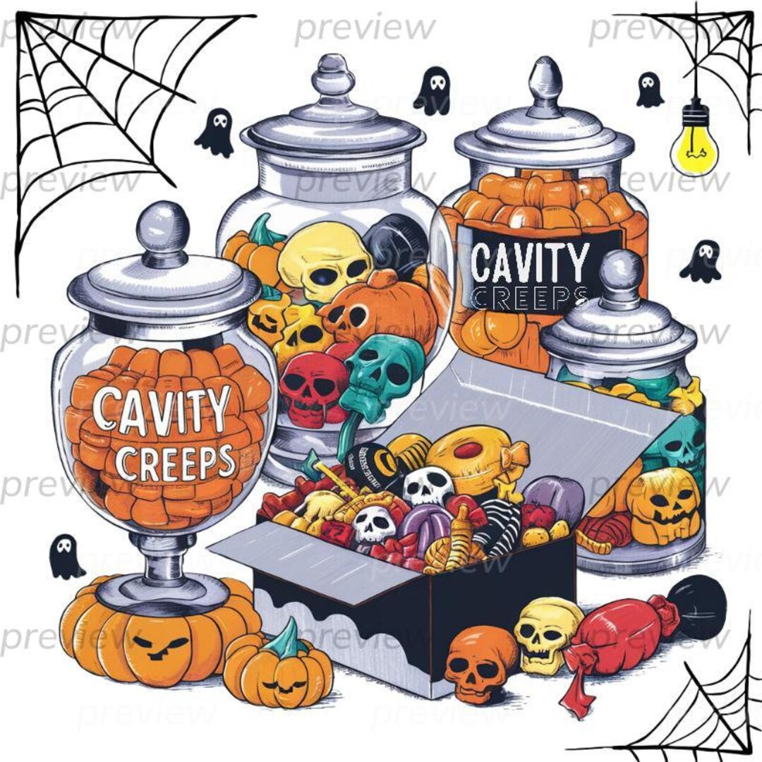 Cavity Creeps Vintage Halloween Candy Jar Clipart, Cartoon Pumpkins ...
