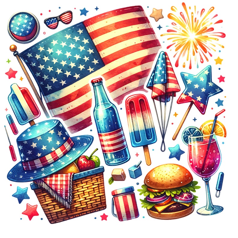 4th of July BBQ Party Clip Art, Hot Dog, Hamburger, Watermelon ...