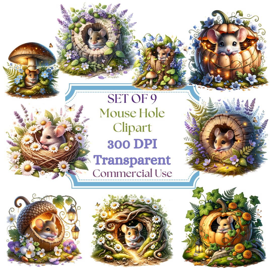 Mouse Hole Clipart Set, Nature Mice in Holes Watercolor Clipart ...