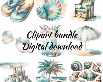Summer Beach Watercolor Clipart Set, Beach Vacation Clip Art, Boho ...