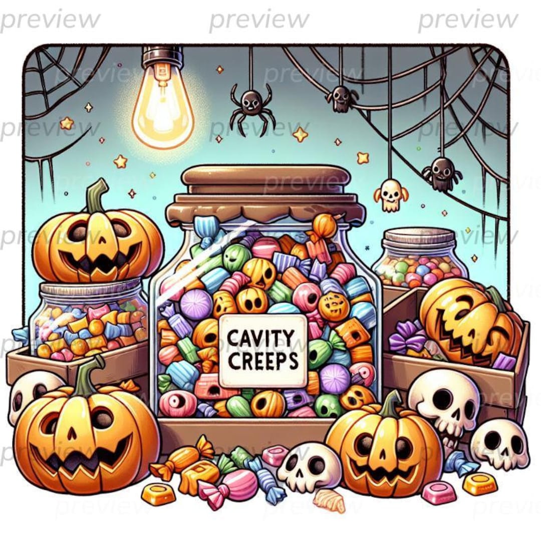 Cavity Creeps Vintage Halloween Candy Glas Clipart, Cartoon Kürbisse ...