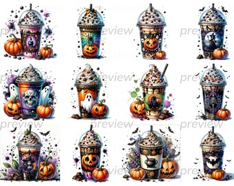 Halloween Coffee Clipart Set, Scary Gothic Watercolor Hot Coffee Drink ...