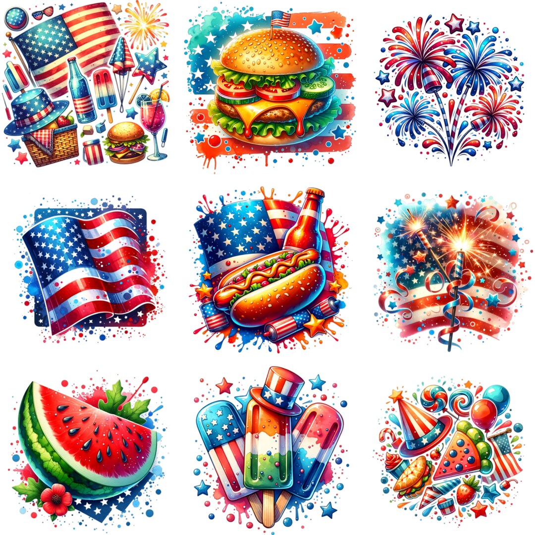 4th of July BBQ Party Clip Art, Hot Dog, Hamburger, Watermelon ...