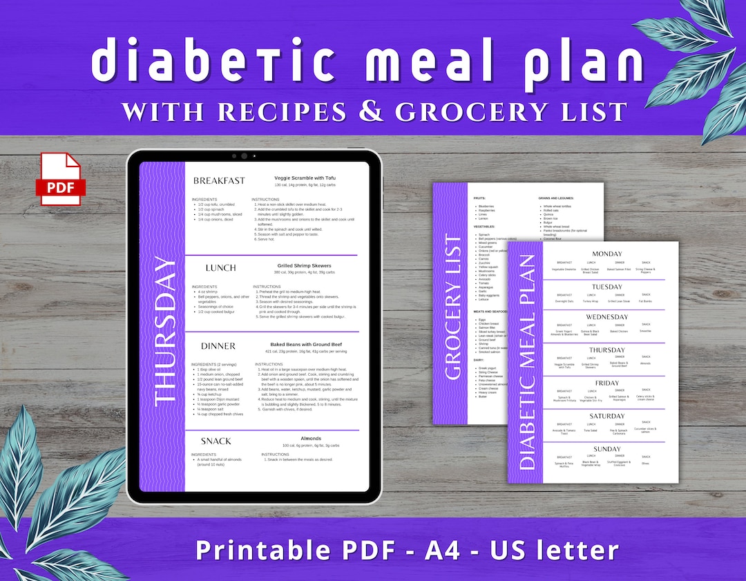 7 Day Diabetic Meal Plan With Recipes and Grocery List PDF Printable ...