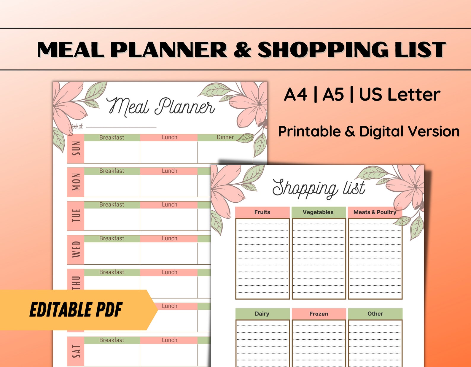 Editable Meal Planner Printable Weekly Meal Planner Template - Etsy