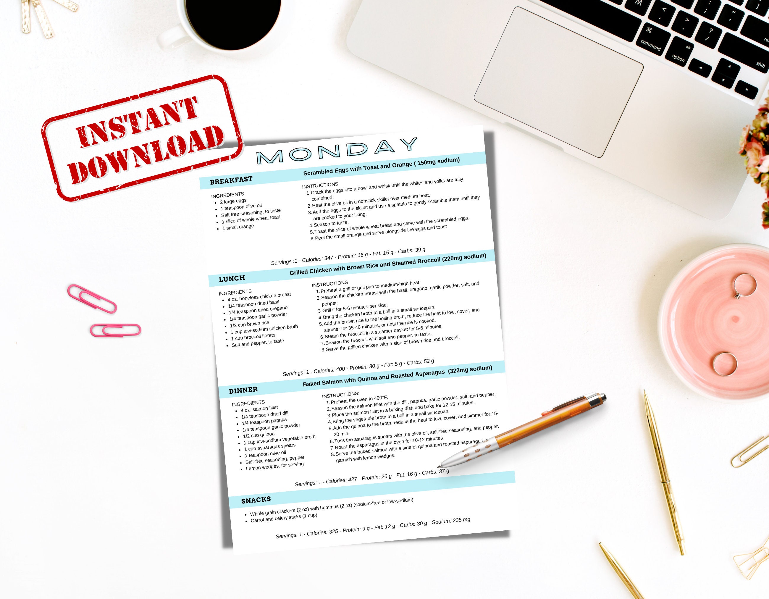 7 Day Low Sodium Meal Plan With Printable Grocery List, Low Sodium Diet ...