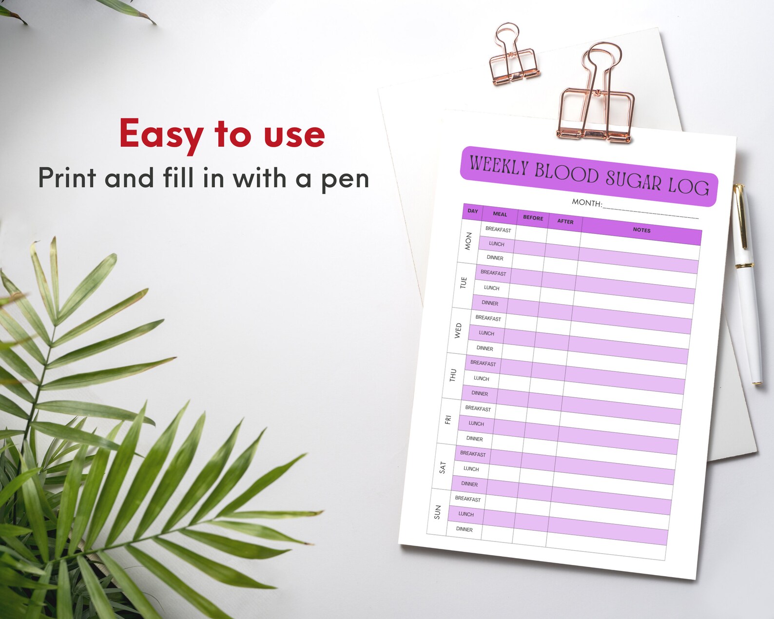 Blood Sugar Log, Printable Glucose Tracker, Monthly Blood Sugar Journal ...