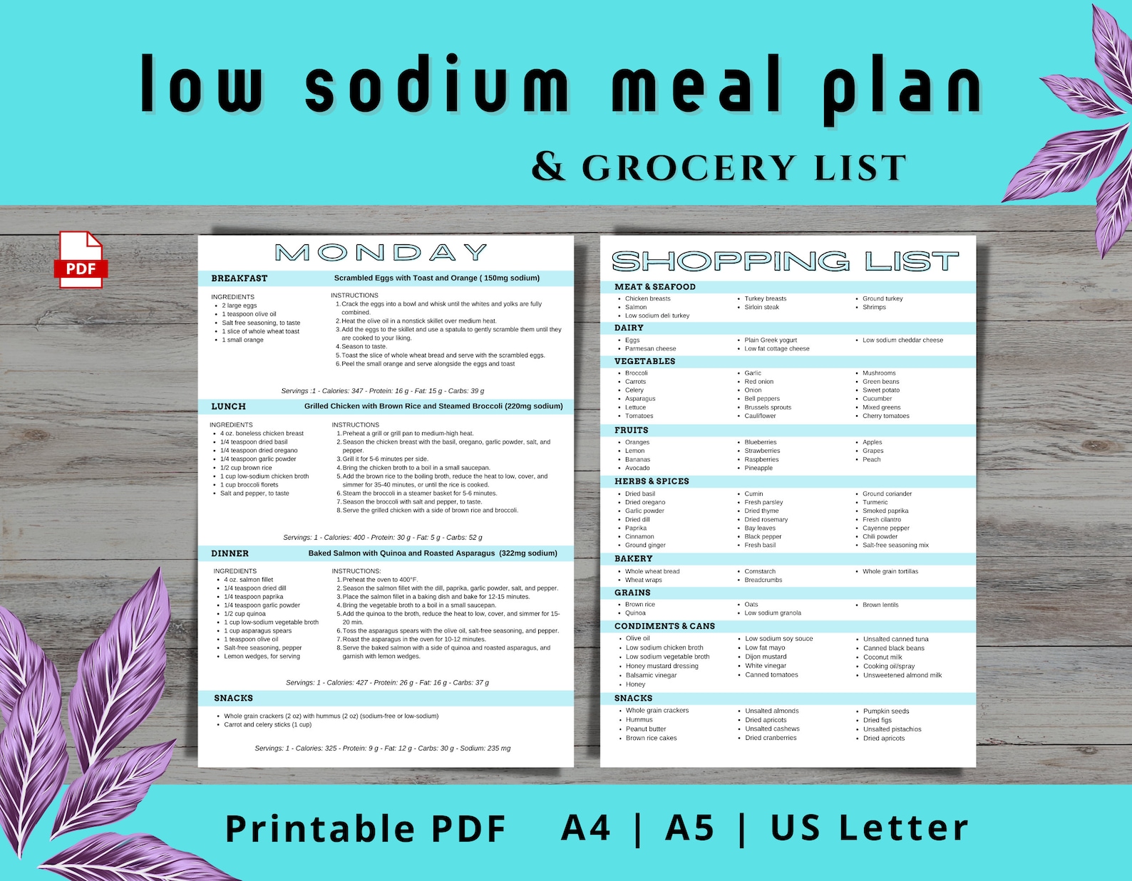 7 Day Low Sodium Meal Plan With Printable Grocery List Low Salt Diet ...