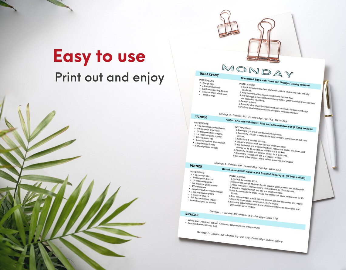 7 Day Low Sodium Meal Plan With Printable Grocery List, Low Sodium Diet ...