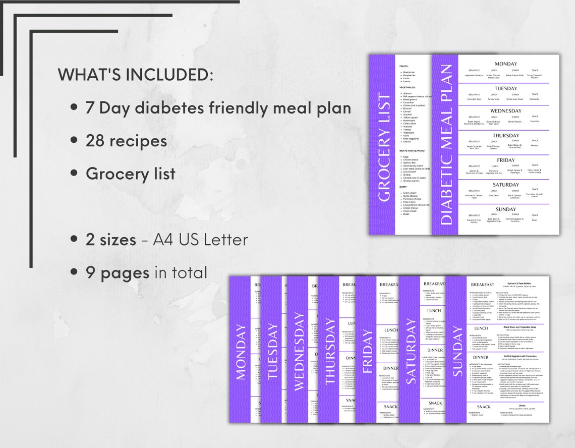 7 Day Diabetic Meal Plan With Recipes and Grocery List PDF Printable ...