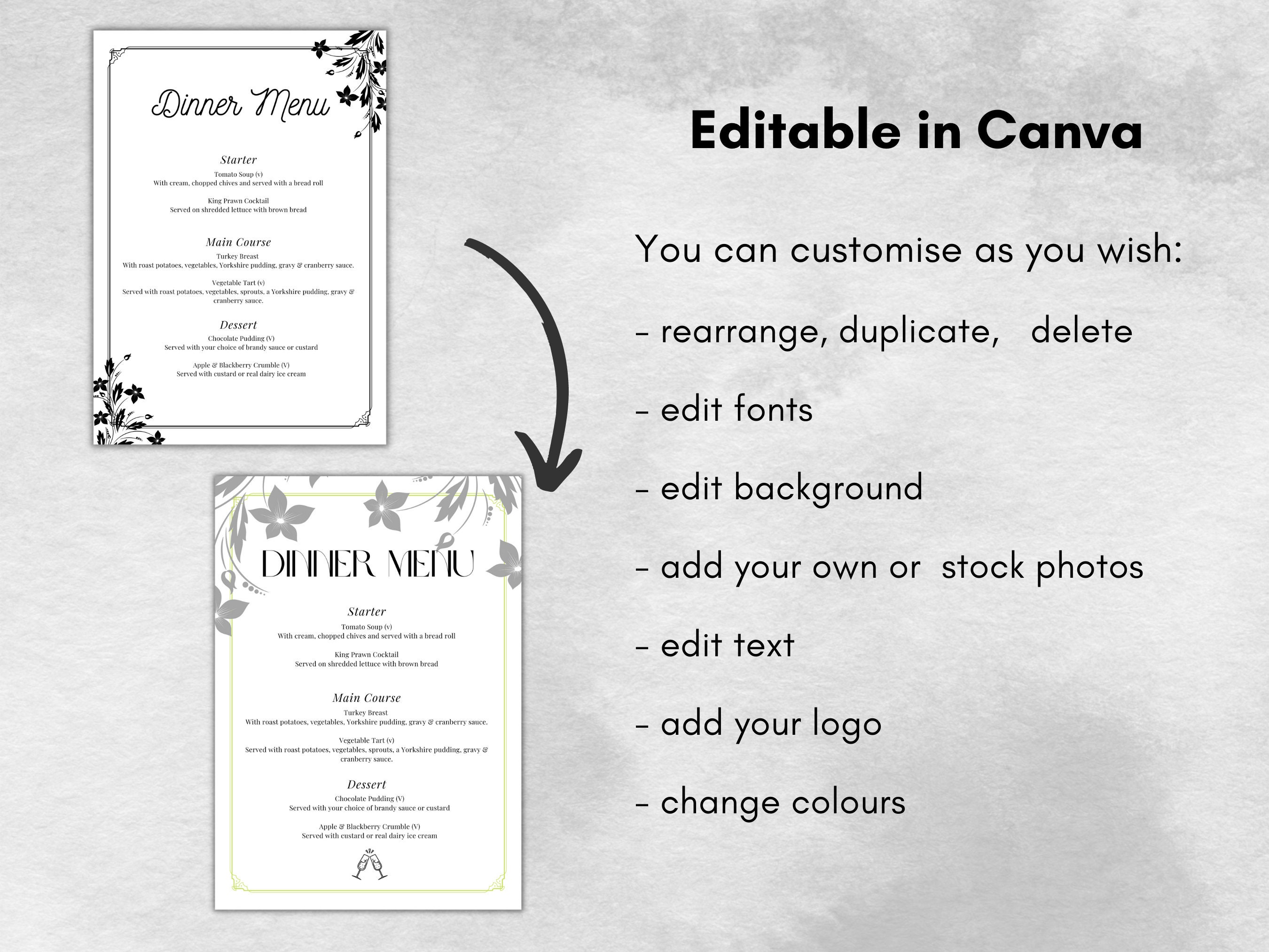 Editable Menu Card Template Printable Dinner Menu Template Etsy
