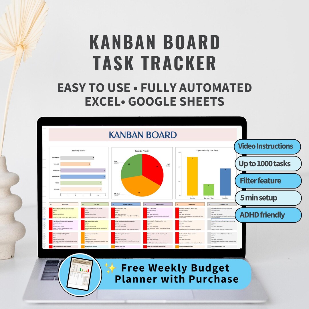 Kanban Task Tracker for Google Sheets & Excel ADHD Daily Planner for ...