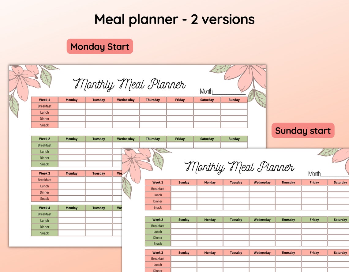 Monthly Meal Planner Printable Grocery List Menu Planner - Etsy
