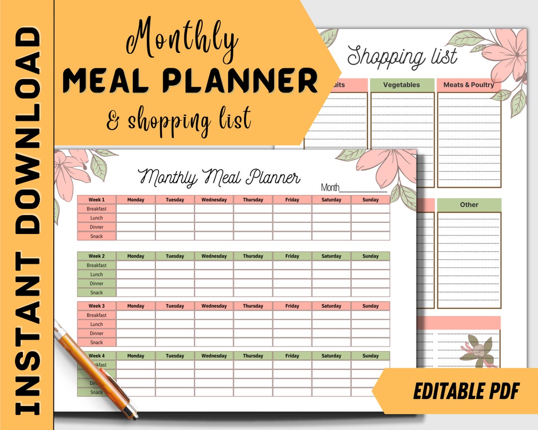 Monthly Meal Planner Printable | Grocery List | Menu Planner Template ...