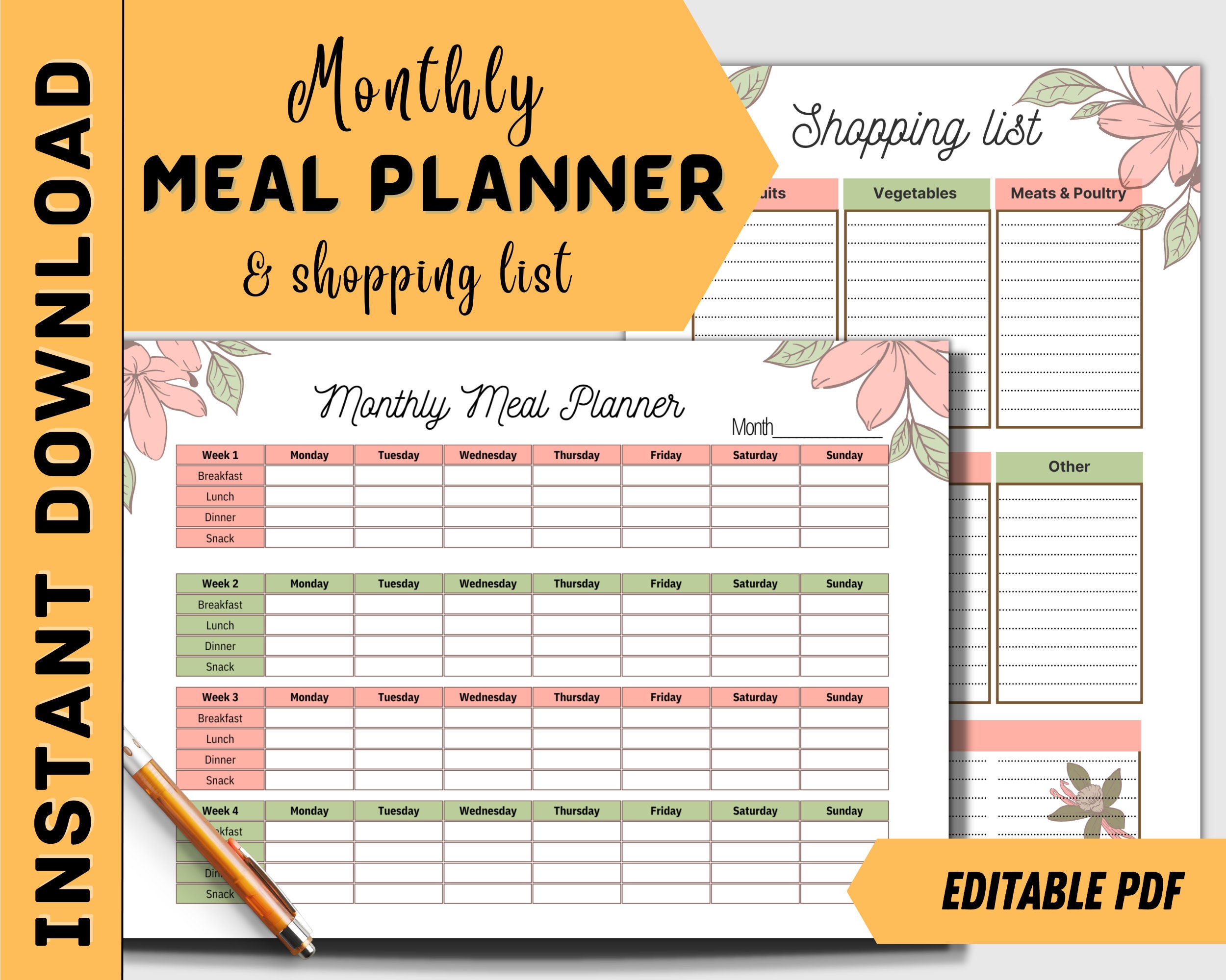 Monthly Meal Planner Printable | Grocery List | Menu Planner Template ...