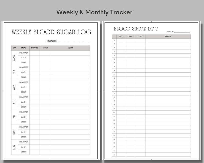 Blood Sugar Log, Printable Glucose Tracker, Monthly Blood Sugar Journal ...