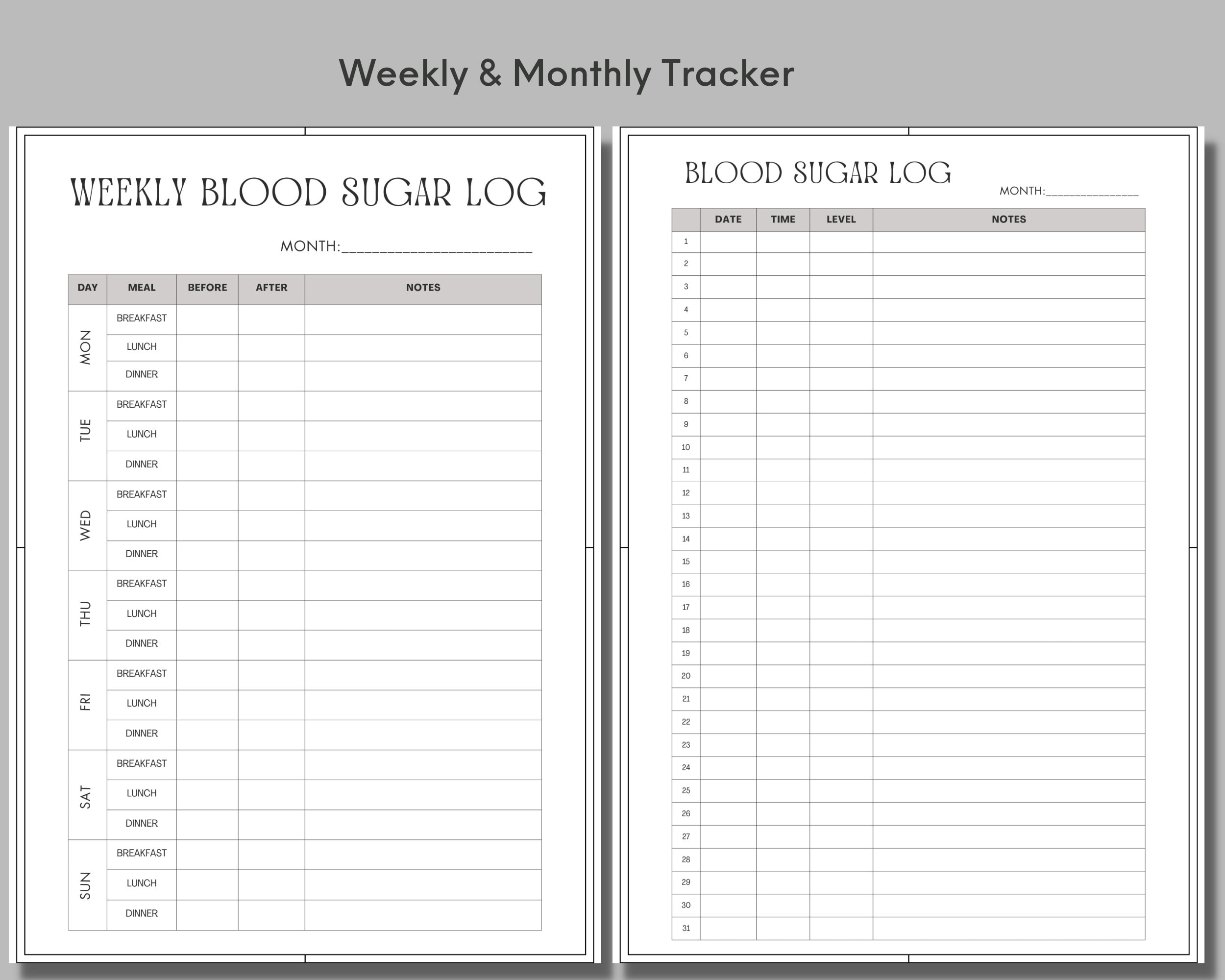Blood Sugar Log, Printable Glucose Tracker, Monthly Blood Sugar Journal ...