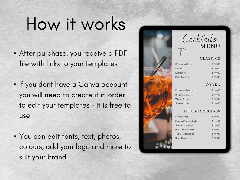 Editable Bar Menu Template Printable Drinks Menu Cocktails - Etsy