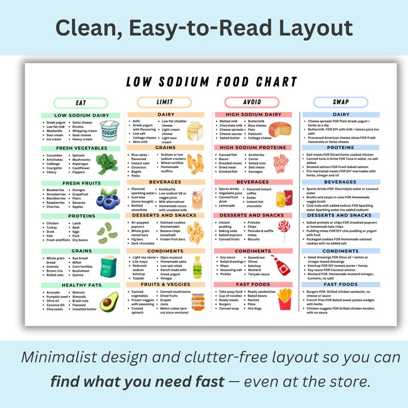 Low Sodium Food Chart Low Salt Foods Printable Poster High Sodium Foods ...