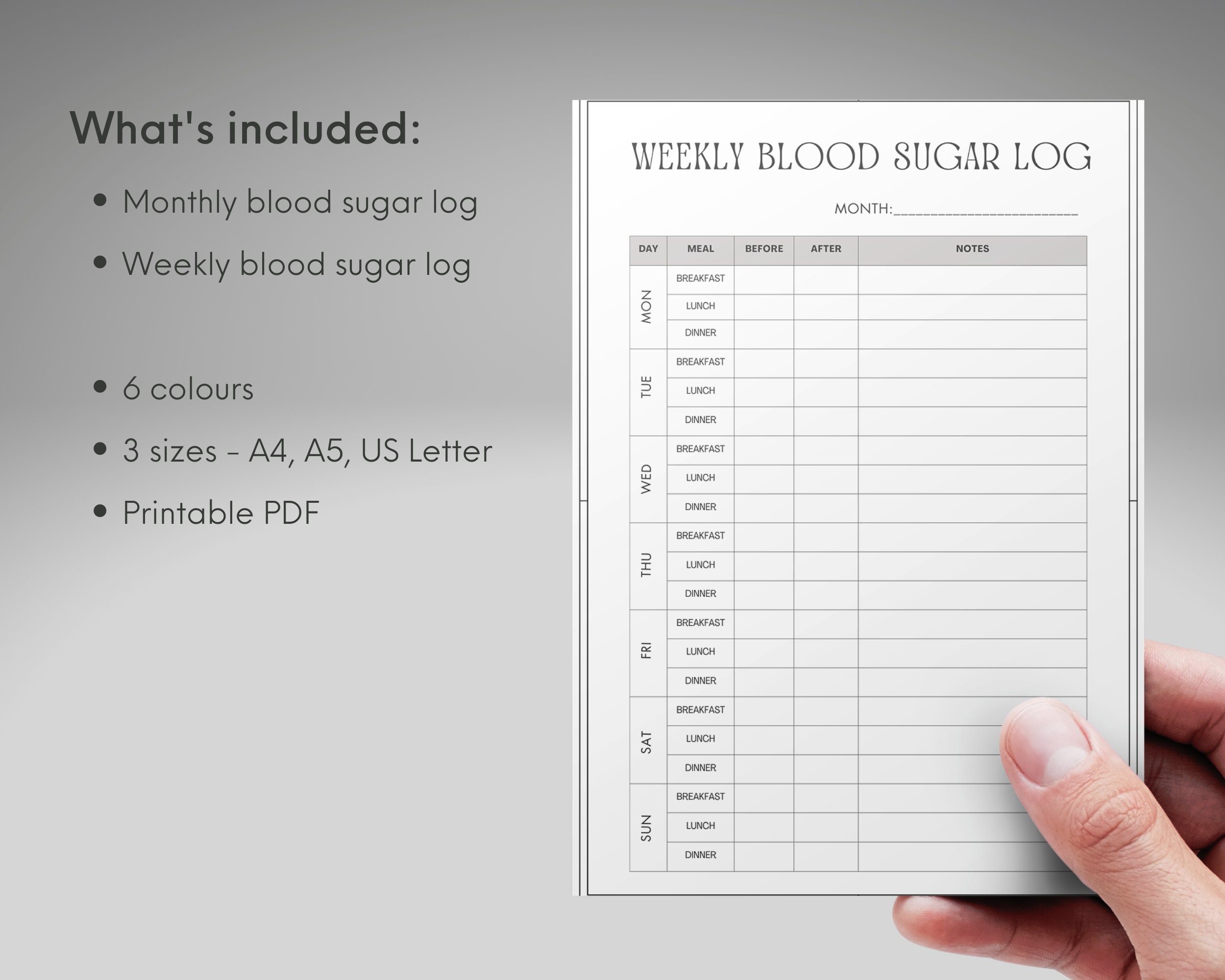 Blood Sugar Log, Printable Glucose Tracker, Monthly Blood Sugar Journal ...