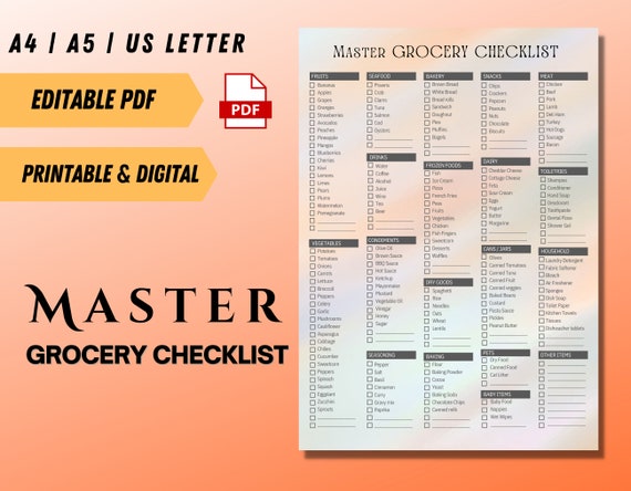 Master Grocery List Template Printable Grocery Checklist | Etsy