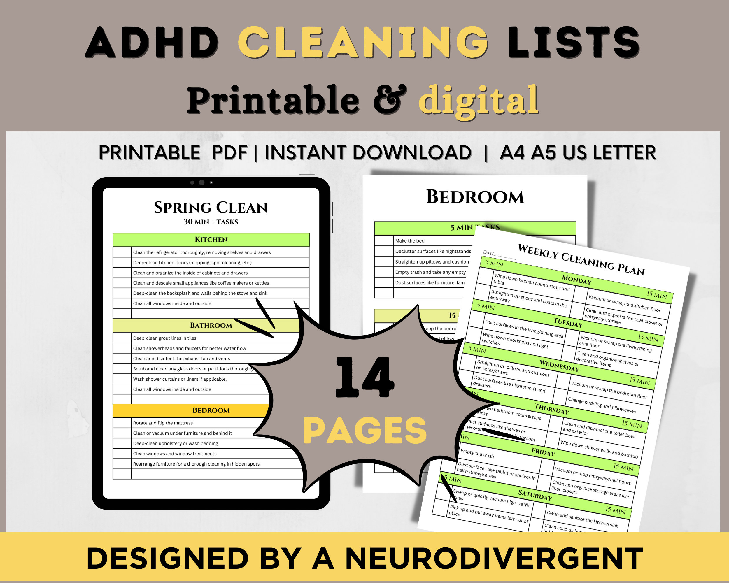 ADHD Cleaning Checklist, Adhd Cleaning Checklist by Room, Weekly ...