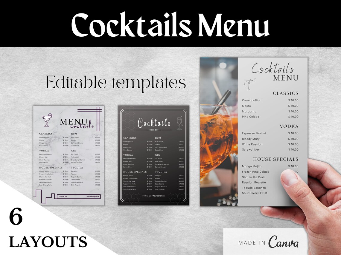 Editable Bar Menu Template Printable Drinks Menu Cocktails - Etsy