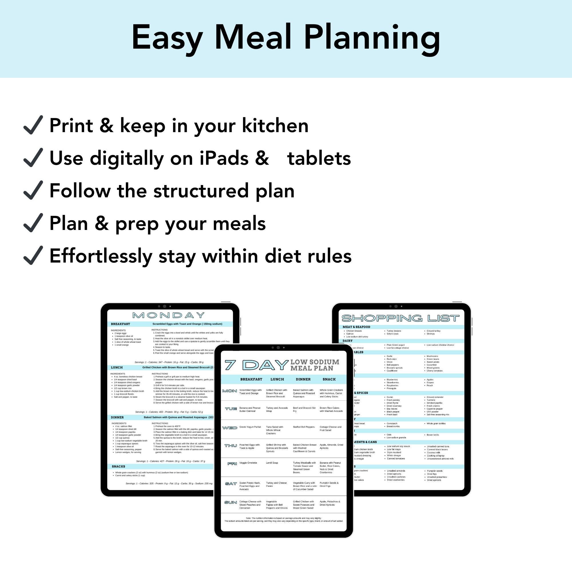 7 Day Low Sodium Meal Plan With Printable Grocery List Low Salt Diet ...