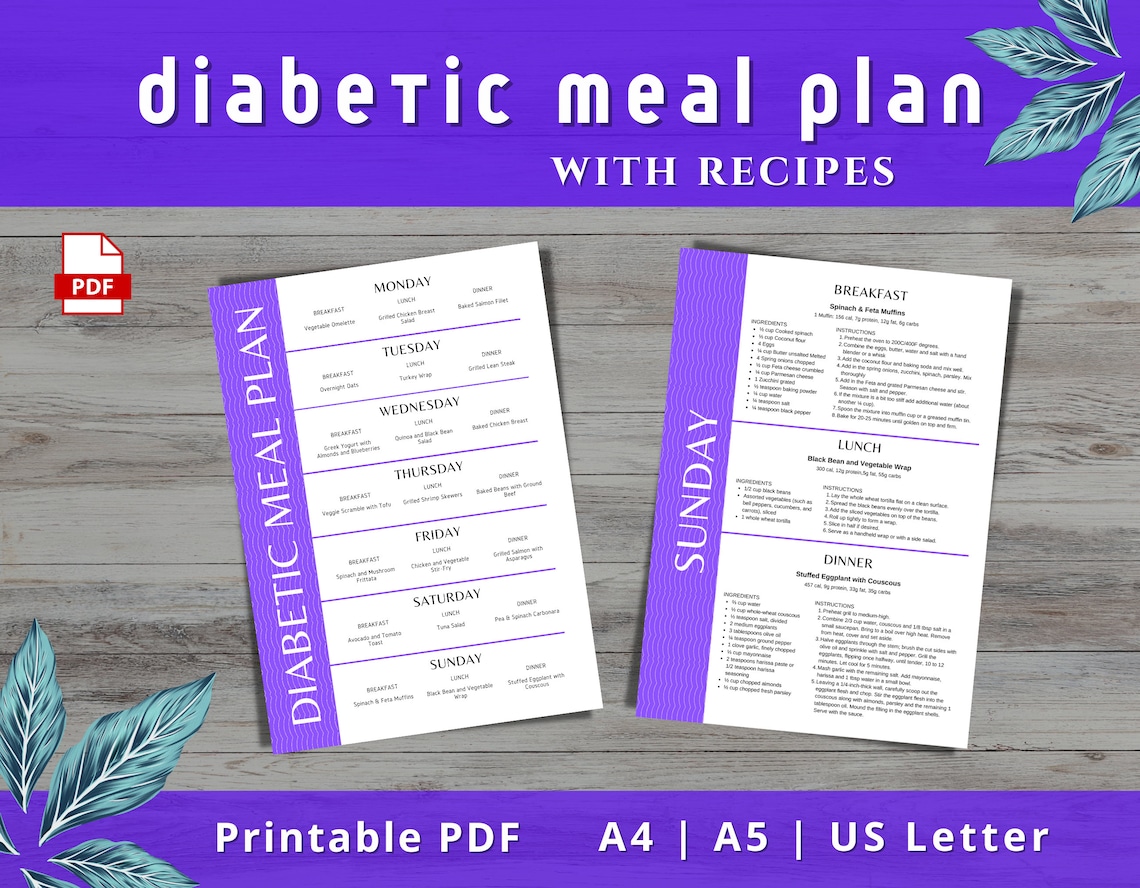 7 Day Diabetic Meal Plan With Recipes PDF, Printable Diabetic Weekly ...