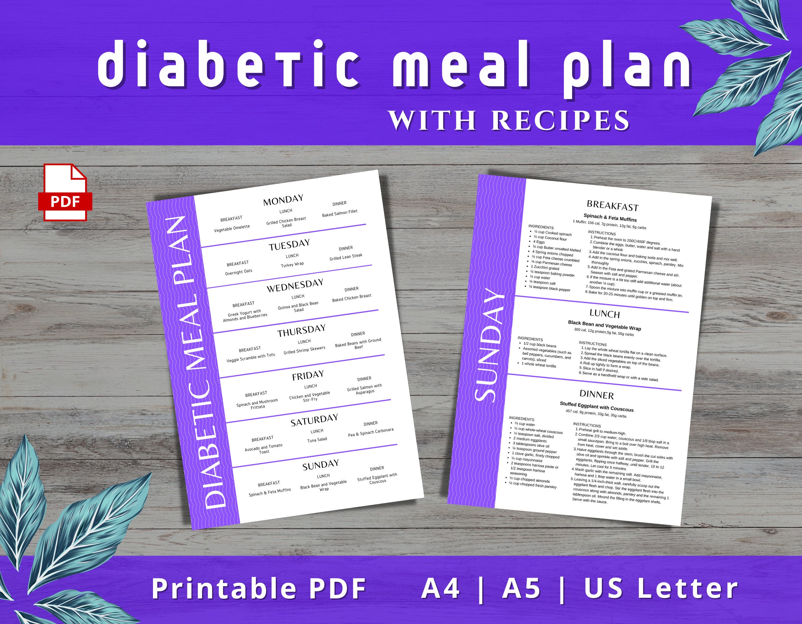 7 Day Diabetic Meal Plan With Recipes PDF Printable Diabetic Weekly 7 Day Diabetic Meal Plan With Recipes PDF Printable Diabetic Weekly