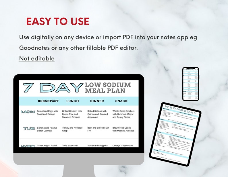 7 Day Low Sodium Meal Plan With Printable Grocery List Low Etsy
