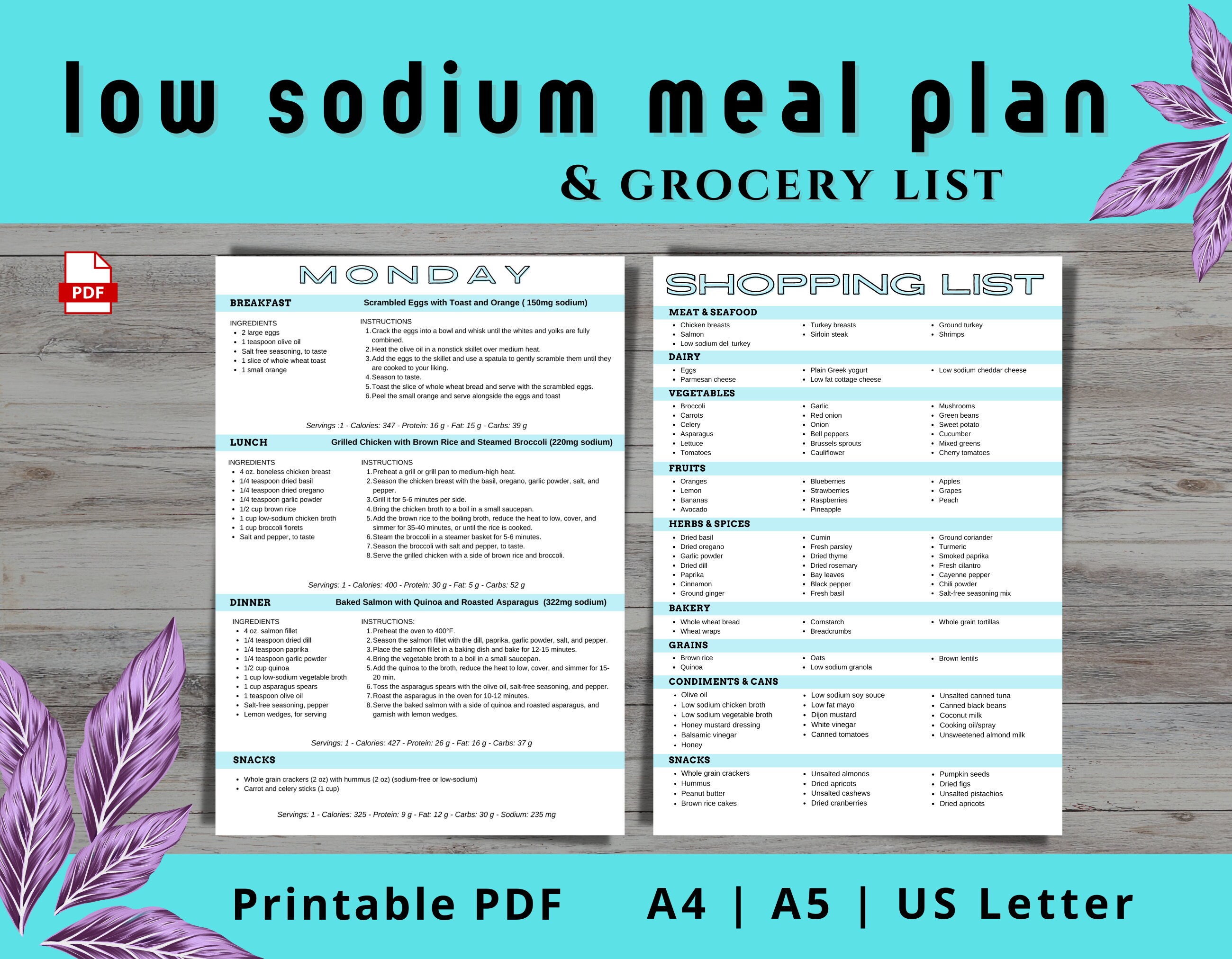 7 Day Low Sodium Meal Plan With Printable Grocery List Low - Etsy