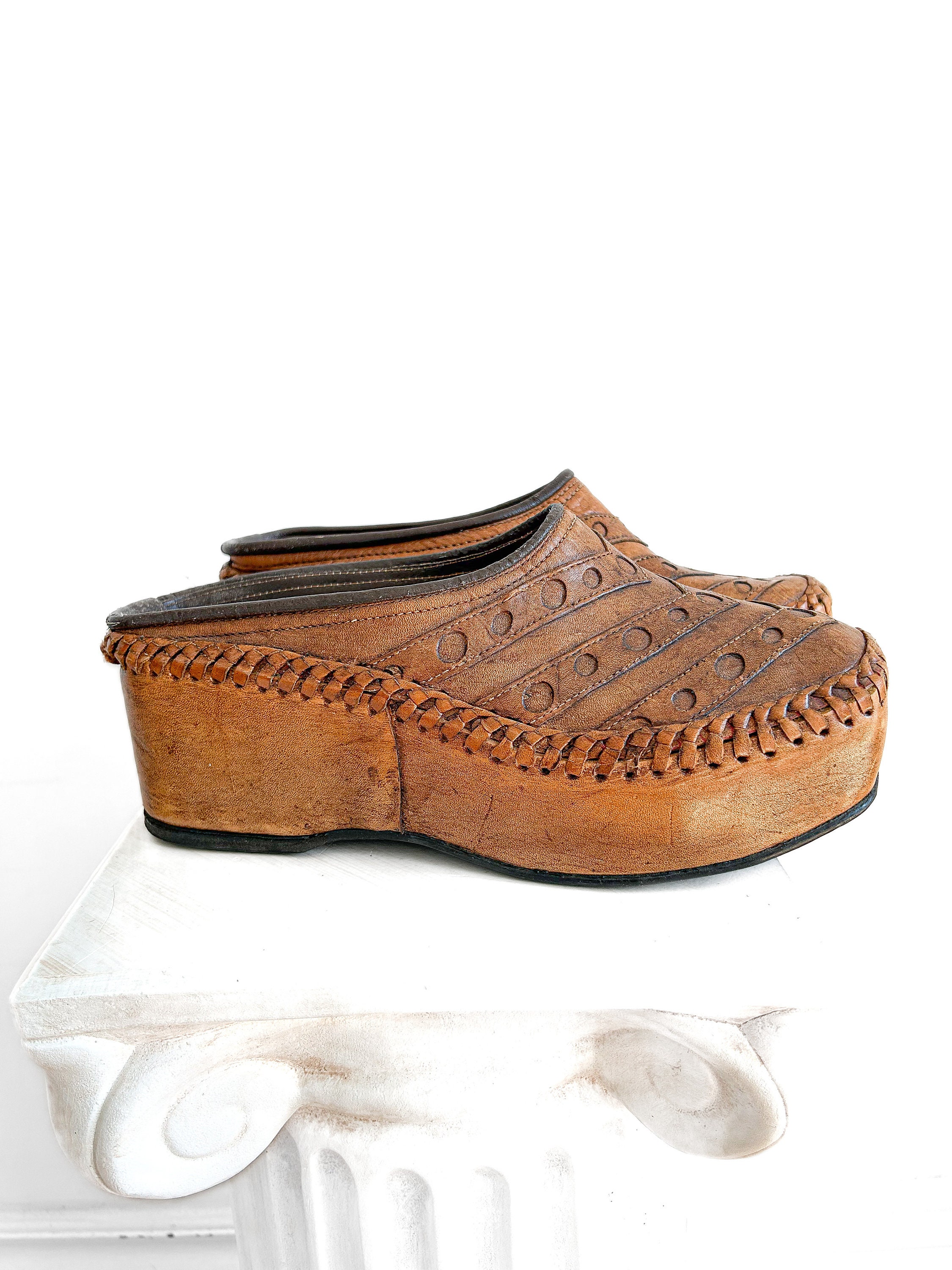 70s Leather Clogs, Vintage 1970s Platform Shoes, Brown Leather Slip on ...