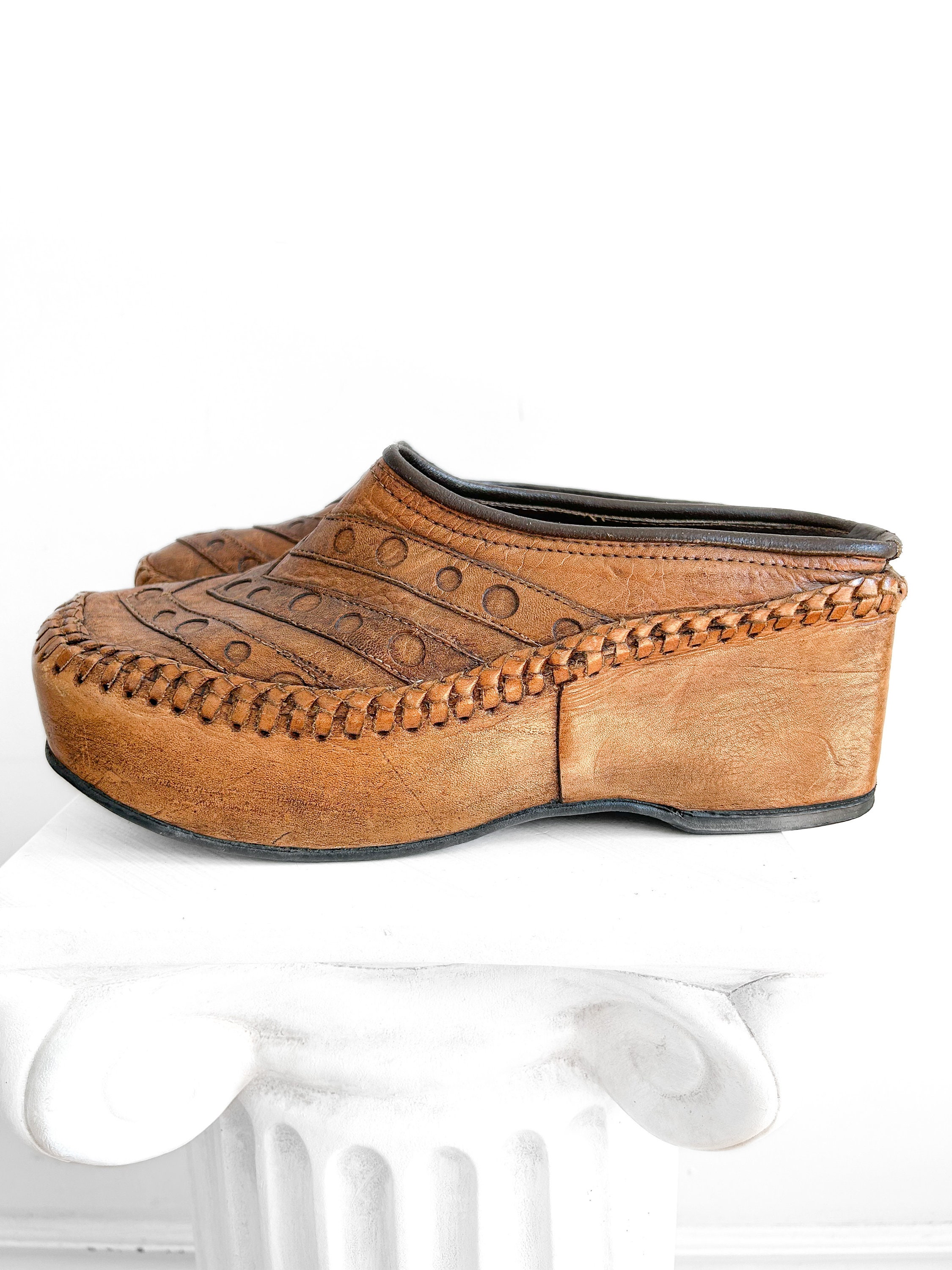 70s Leather Clogs, Vintage 1970s Platform Shoes, Brown Leather Slip on ...