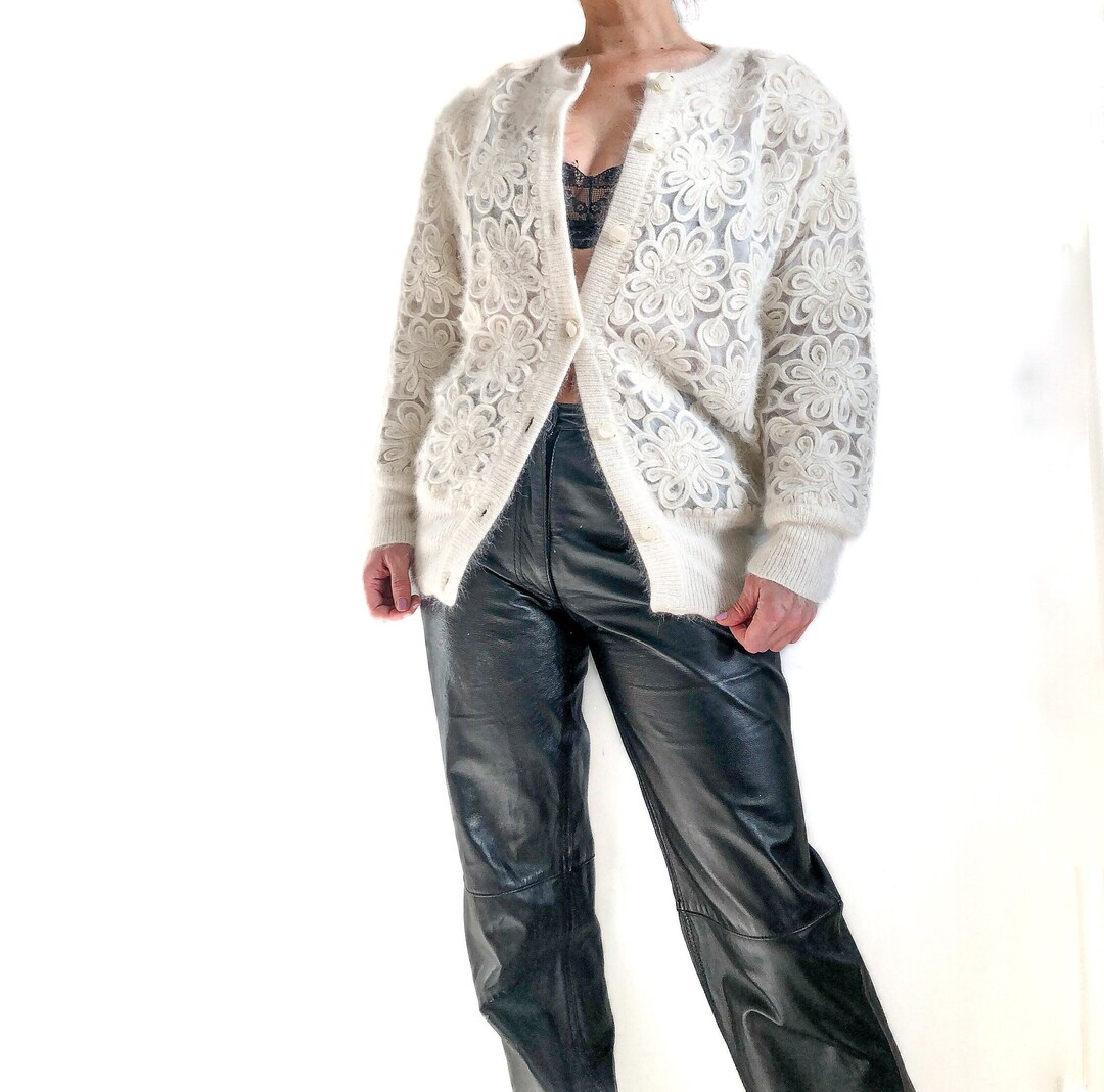 White Angora Cardigan, Fluffy Oversized Button up Sweater With Swirl ...