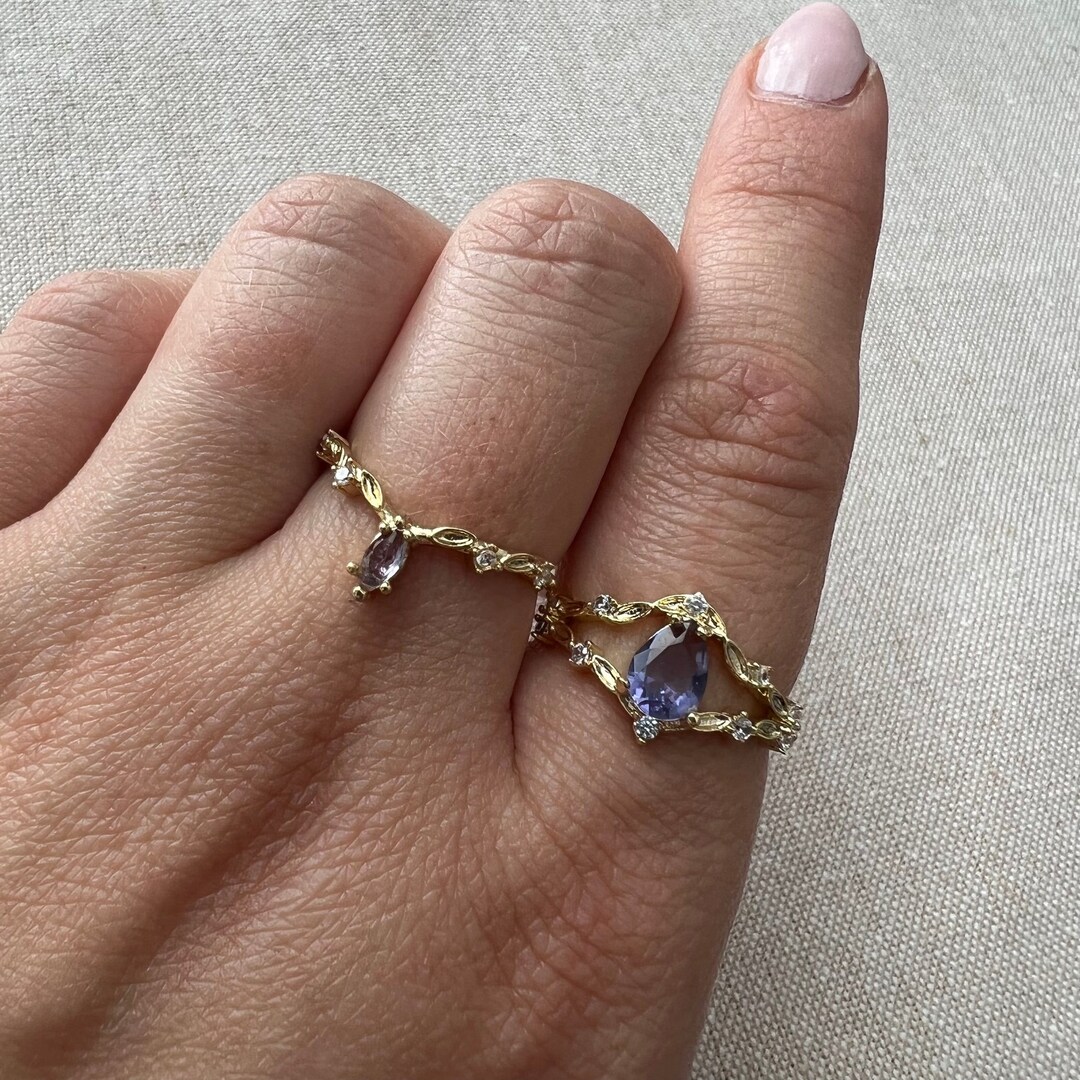 2 Piece Purple Ring Set Violet Ring Gold Ring Multi Stone Ring Romantic ...