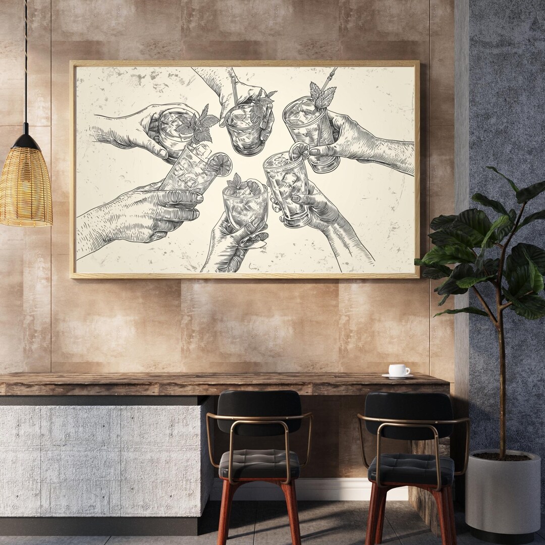 Vintage Cheers Line Art, Bar Wall Decor, Cocktail Poster, Hand Drawn ...