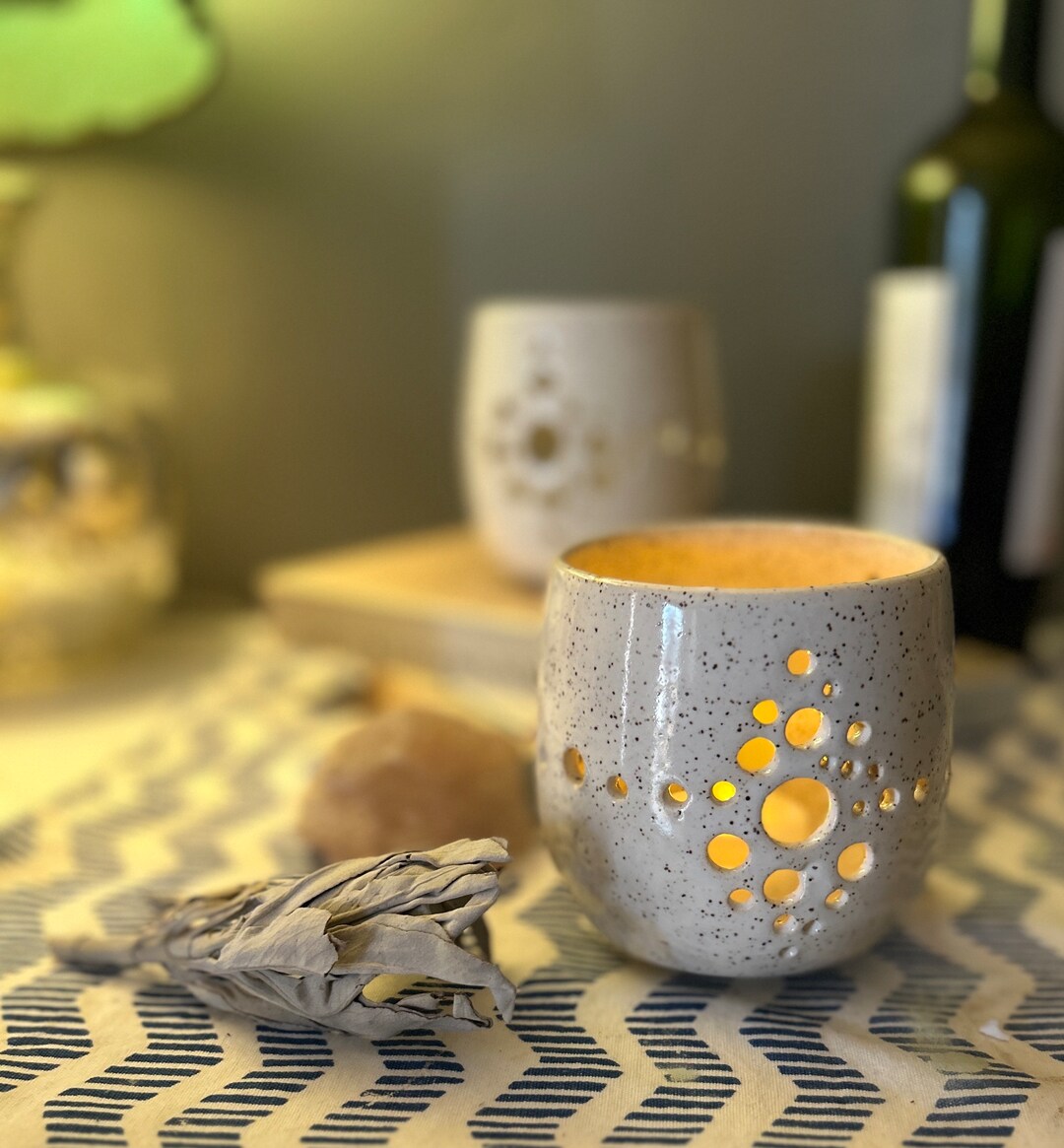 Handmade Luminaries (pair), Boho Speckled Clay, Handcarved Modern ...