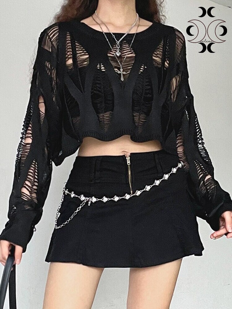 Hole Ripped Knitted,knitted Black T Shirt Cropped Crop Top - Etsy