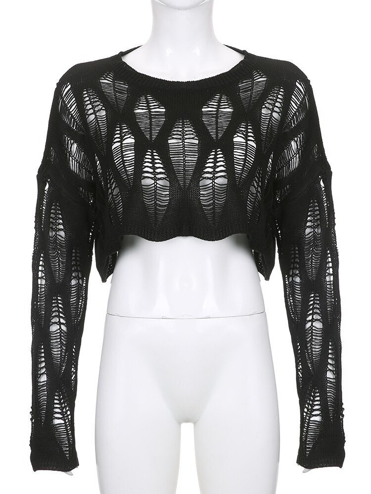Hole Ripped Knitted,knitted Black T Shirt Cropped Crop Top - Etsy