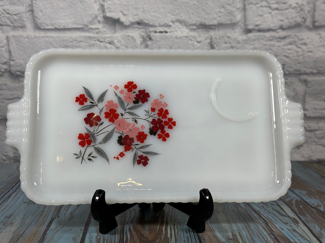 Vintage Decorative Milk Glass Rectangular Serving Plate With Floral ...