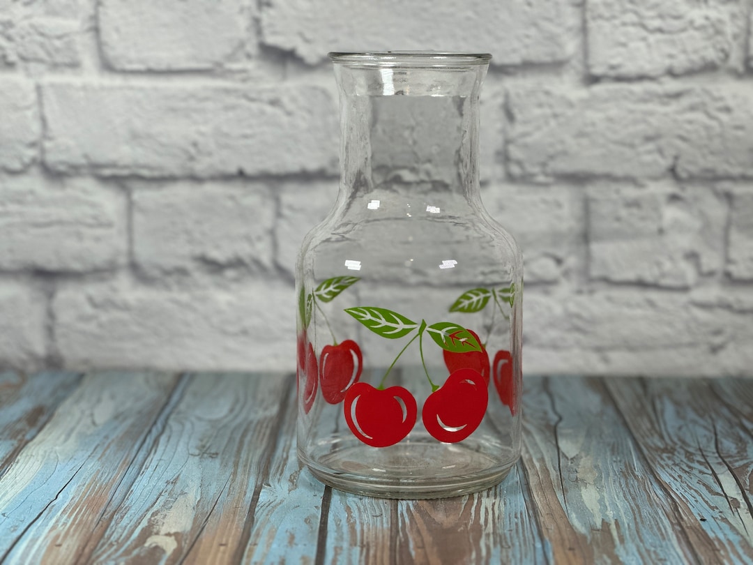 Vintage Glass Juice Carafe With Large Red Cherries and Leaf Design - Etsy