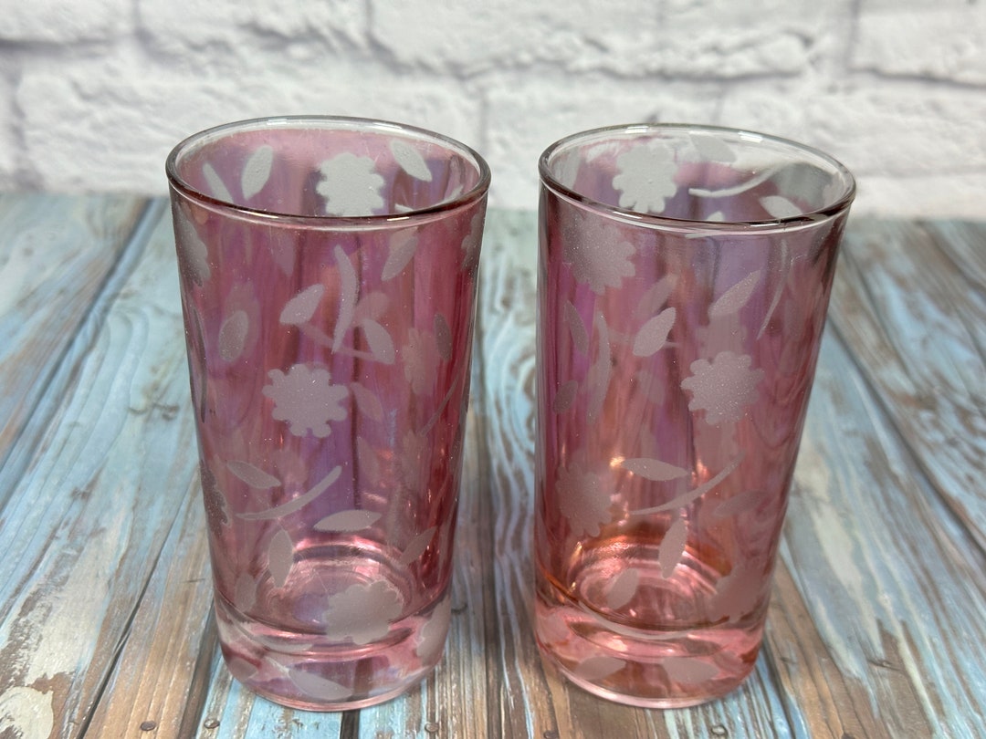 Set of Two Vintage Pink Drinking Glasses With White Frosted Flower ...