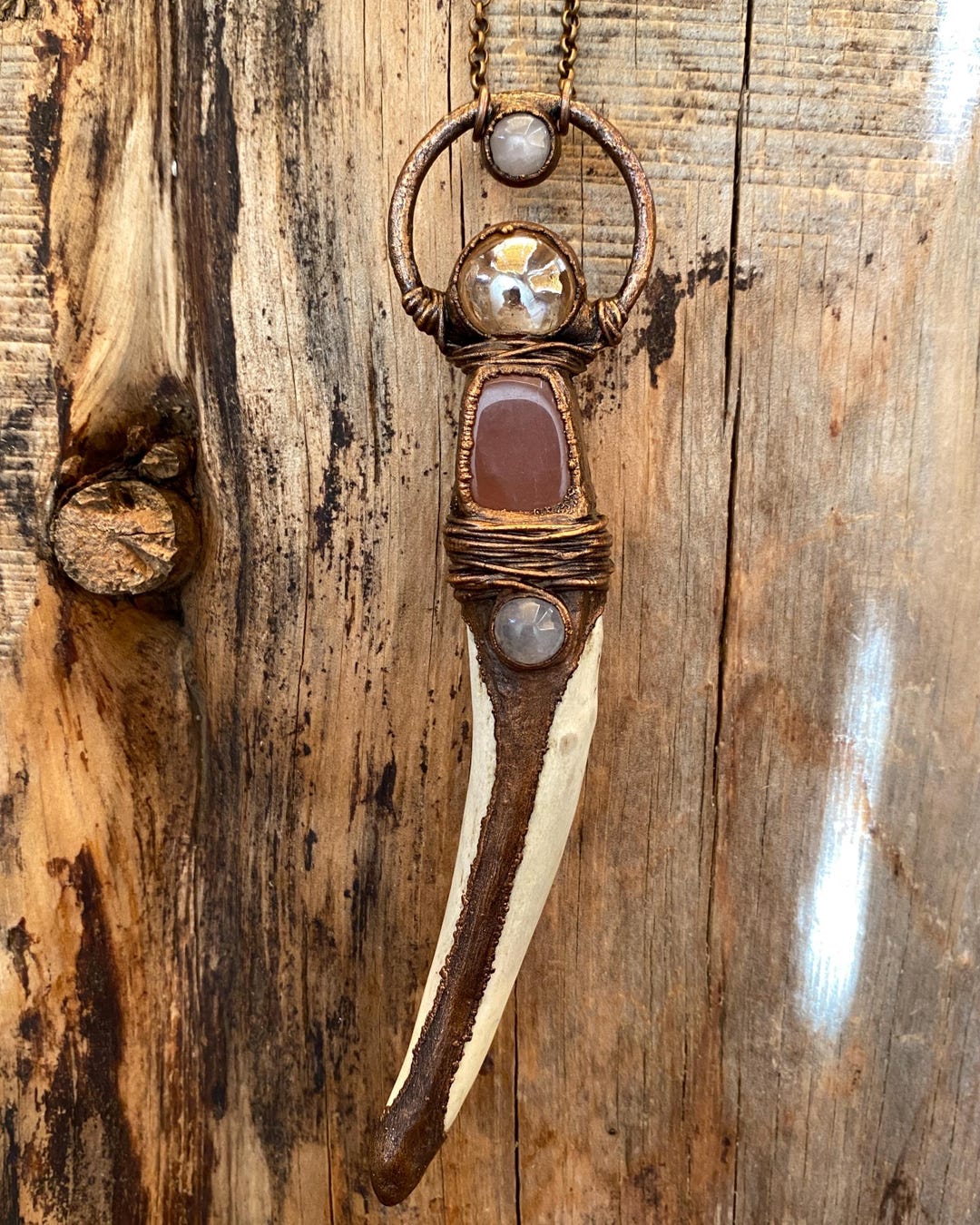Rose Quartz and Vintage Glass Antler Necklace, Copper Electroformed ...