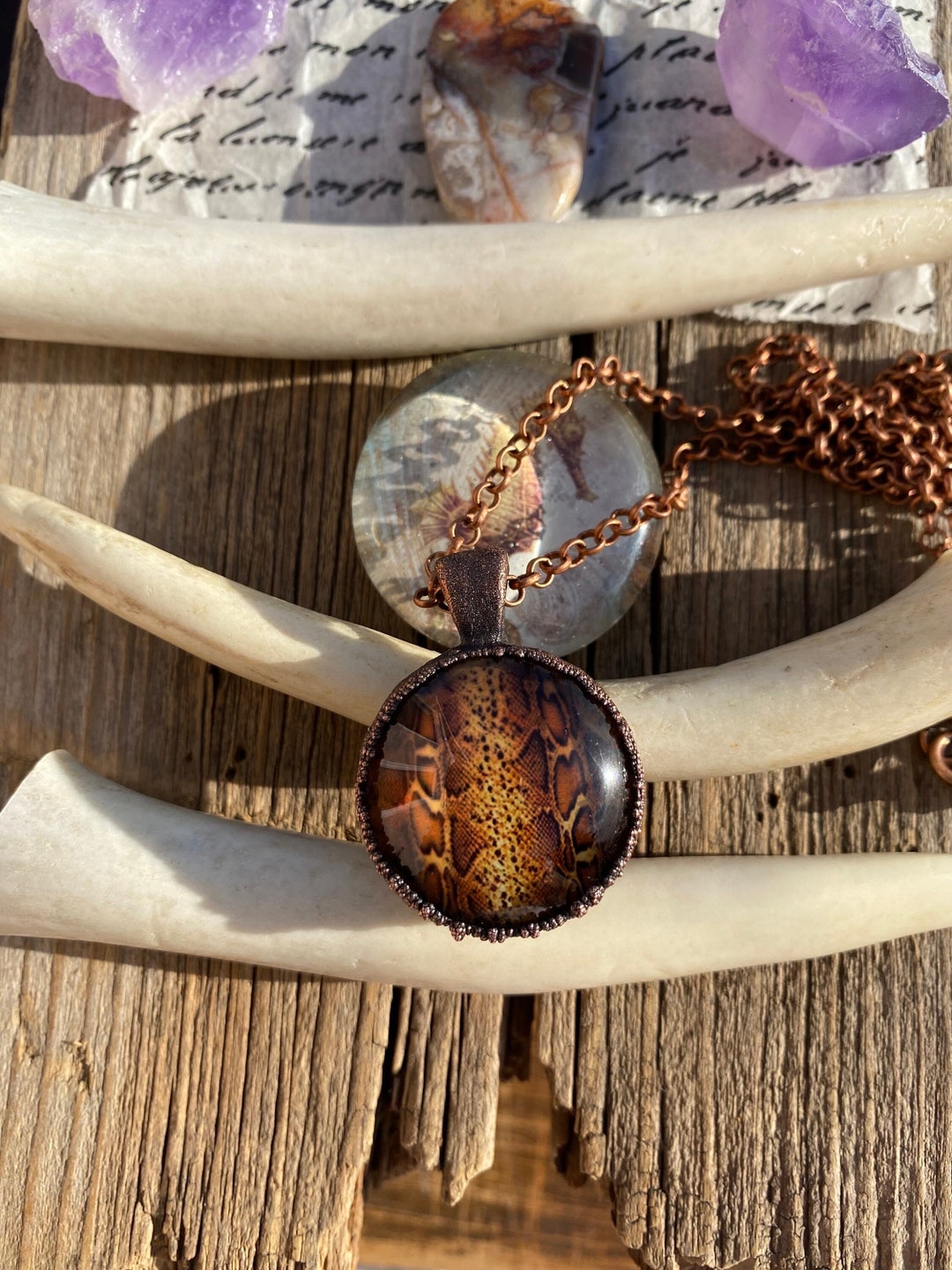 Snake Skin Necklace, Glass and Copper Pendant, Art Jewelry, Boho, Goth ...