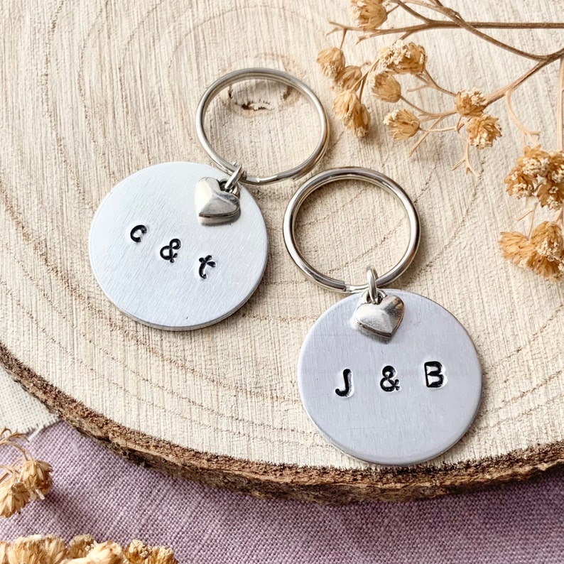 Custom Couples Initials Keyring - Silver Keyring, Hand-stamped Monogram ...