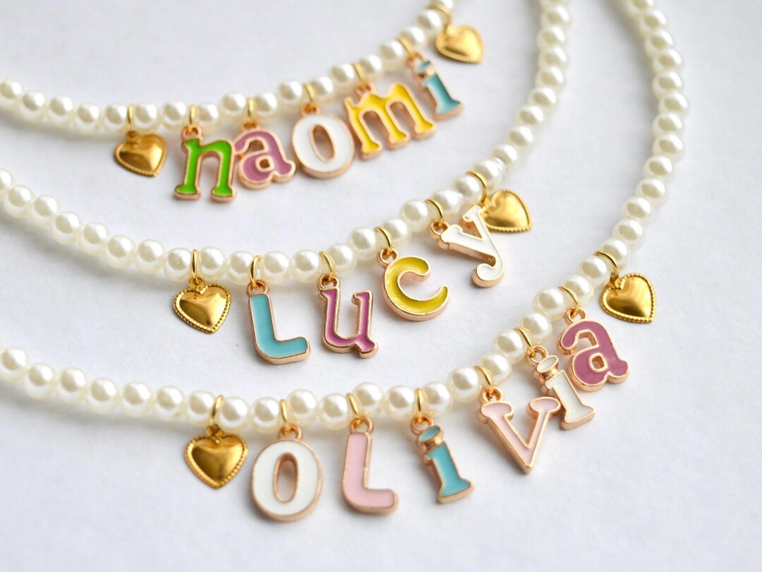 Personalised Pearl Name Necklace - Multicolour Letters & Gold Heart ...