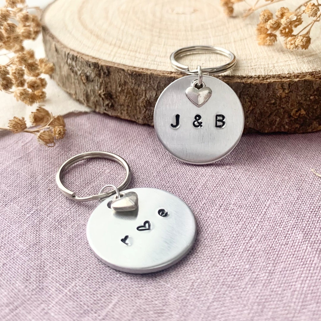 Custom Couples Initials Keyring - Silver Keyring, Hand-stamped Monogram ...