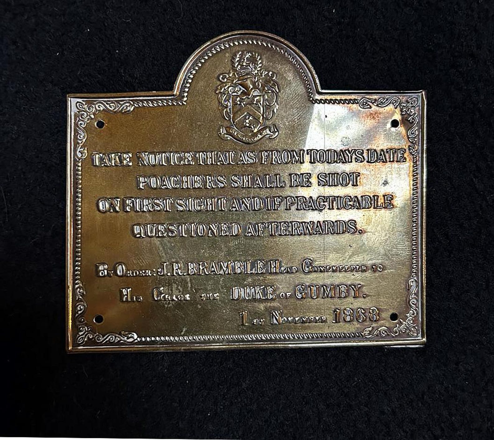 Brass No Poaching Plaque 1868 poacher Shall Be Shot Antique Original ...
