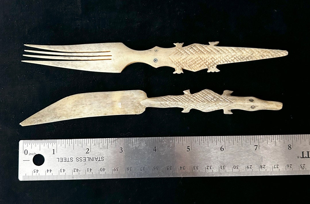 Two Original Authentic Zulu Bone Carvings, Knife and Fork With ...